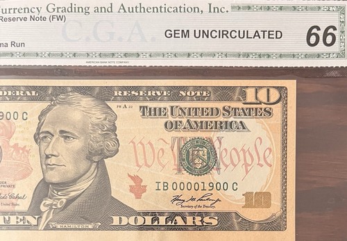 2006 $10 FRN VERY LOW SERIAL NUMBER (1900)- CGA66 GEM UNC - 6 Zeros ...
