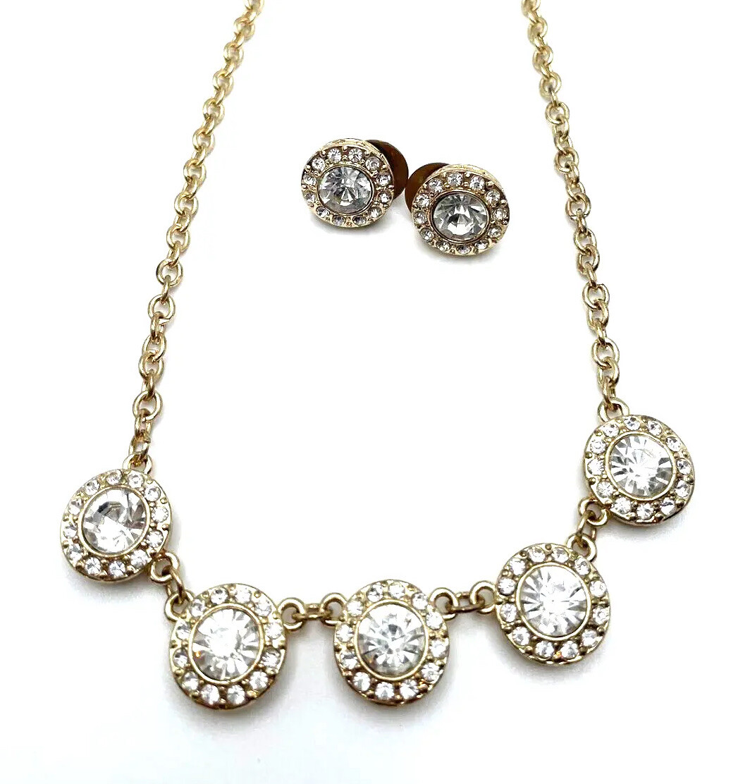 Monet Gold Rhinestone Round Halo Necklace Earrings Se… - Gem