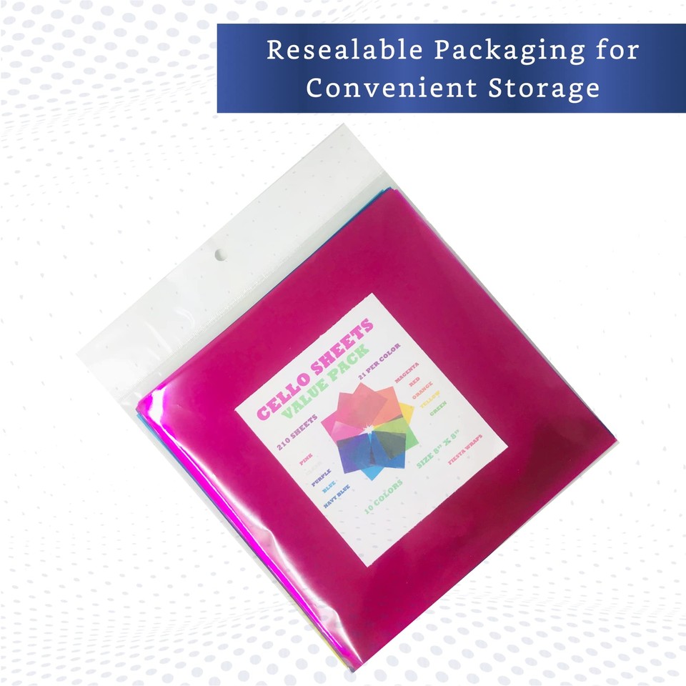 210 pcs Cello Sheets 8 x 8 in (10 Colors Assorted Value Pack) - Colored ...
