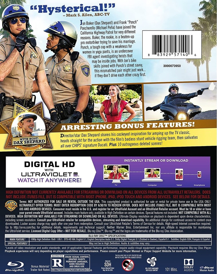 Chips (Blu-ray) Dax Shepard Michael Peña Rosa Salazar Adam Brody | eBay