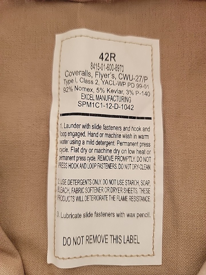 US Air Force Coveralls, Flyer's, CWU-27/P 42R Aramid/Nomex 8415-01-600 ...