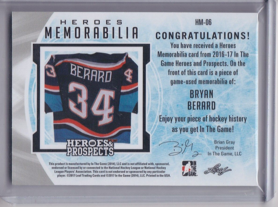 BRYAN BERARD Jersey Card | 2016-17 ITG Heroes and Prospects Memorabilia ...