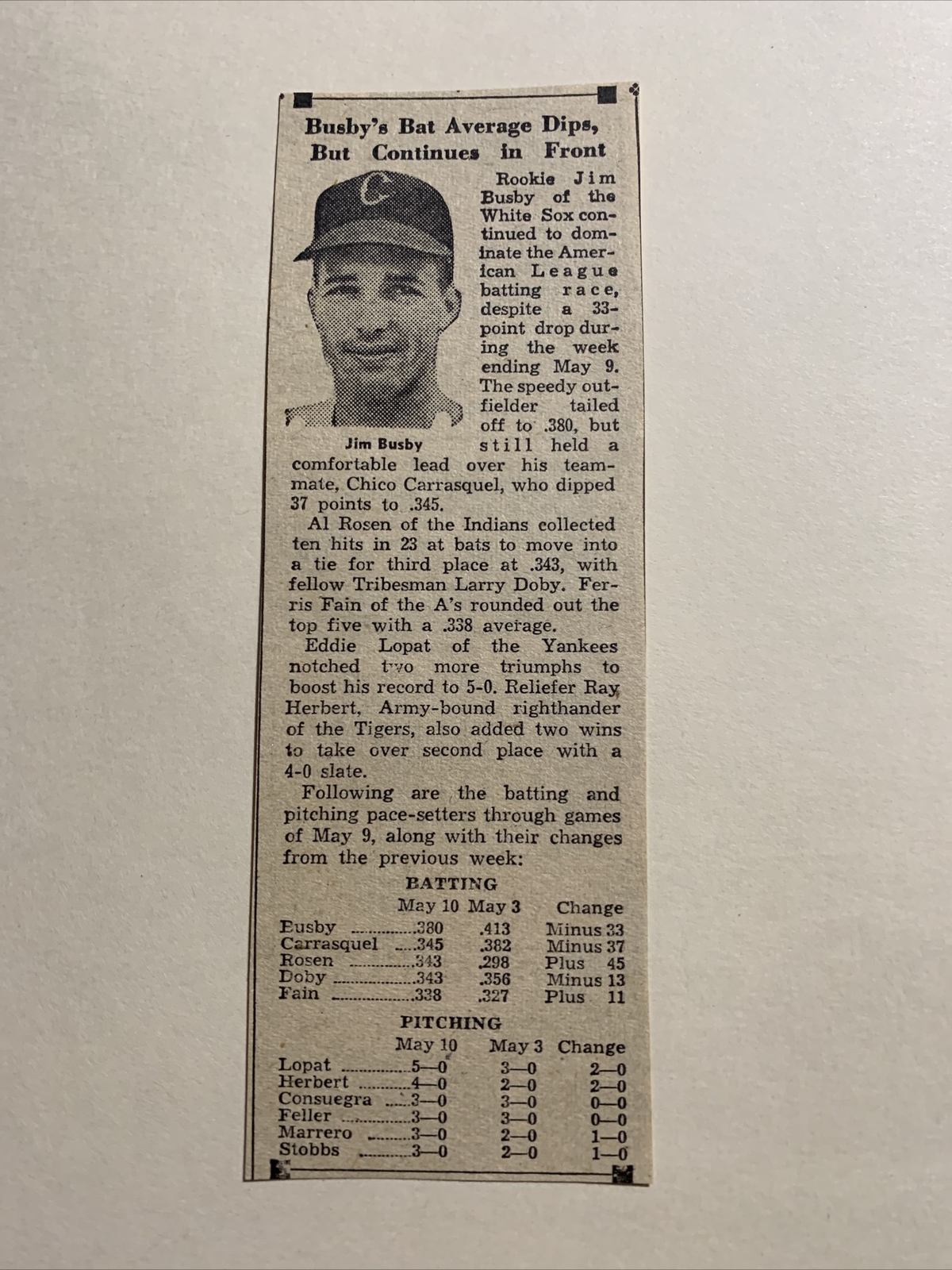 Jim Busby Chicago White Sox 1951 Sporting News Baseball 2X6 Panel | eBay