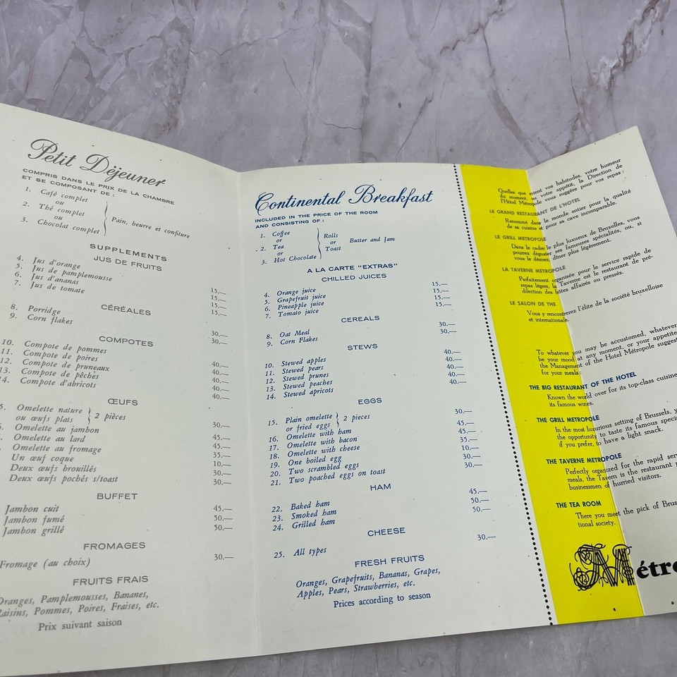 Vintage Hotel Metropole Brussels Belgium Continental Breakfast Menu TH2 ...