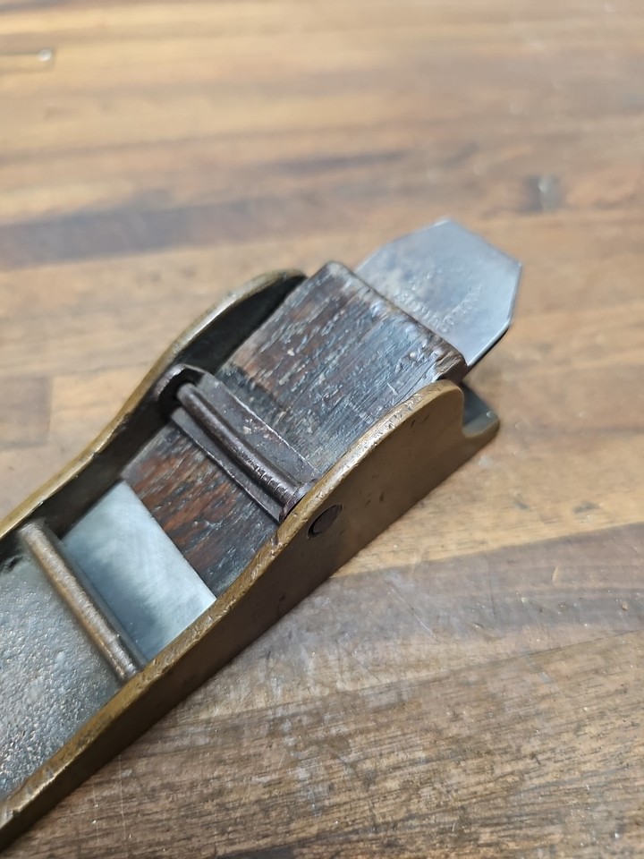 K915- Antique gun metal chairot block plane w/ sandusky cutter ...