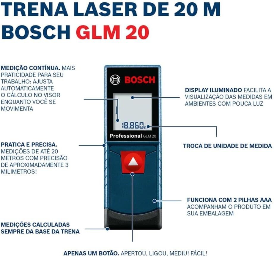BOSCH GLM20 Blaze 65ft Laser Distance Measure With Real Time Measuring ...