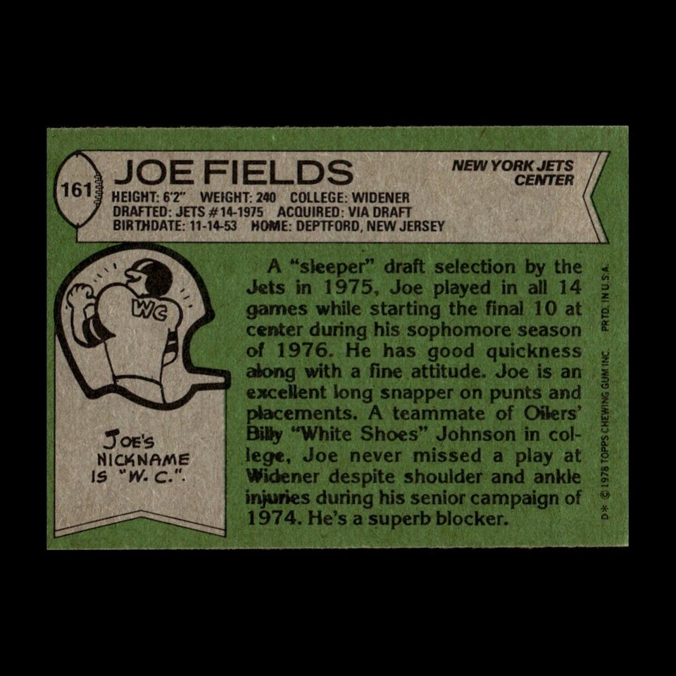 Joe Fields 1978 Topps New York Jets #161 R308F | eBay