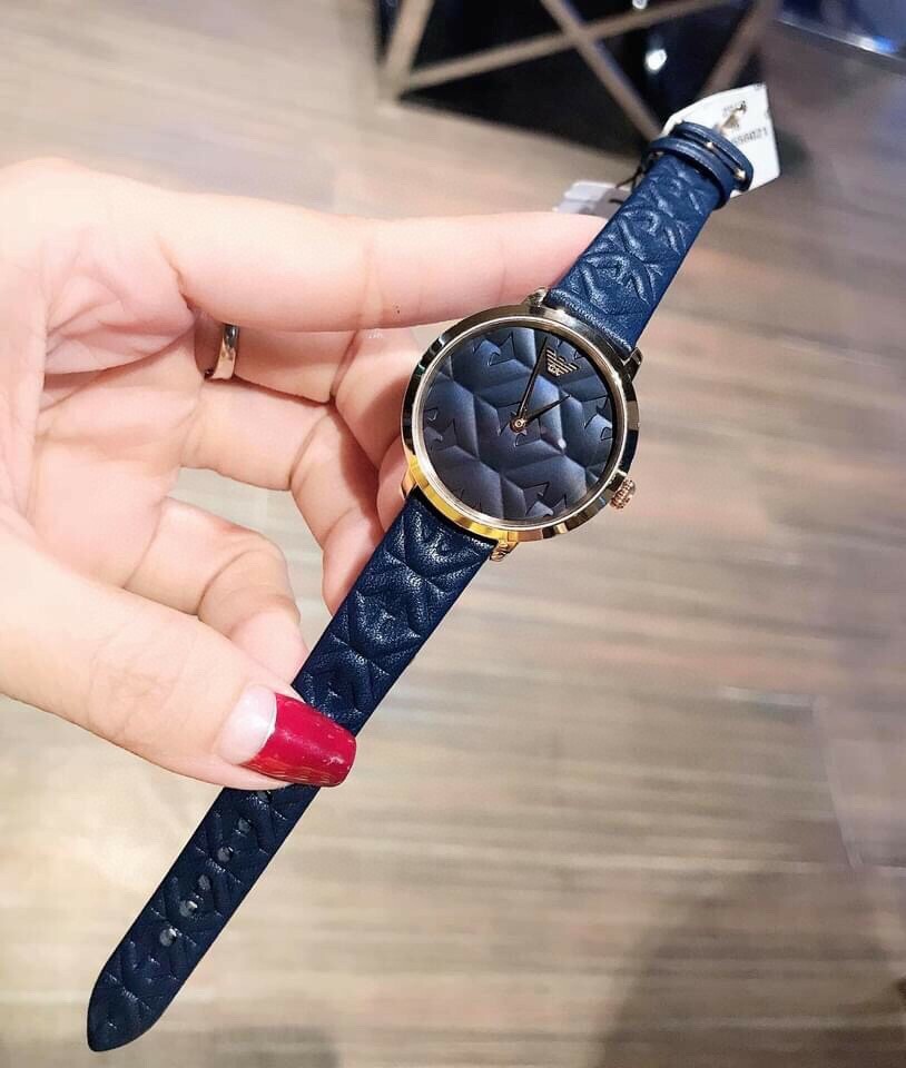 NEW WOMENS EMPORIO ARMANI BLUE LEATHER BAND ROSE GOLD TONE WATCH ...