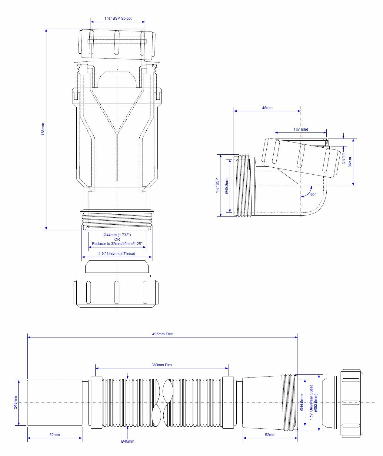 Freestanding Bath Waterless Waste Trap Kit with Flexible Waste Pipe 1.5 ...