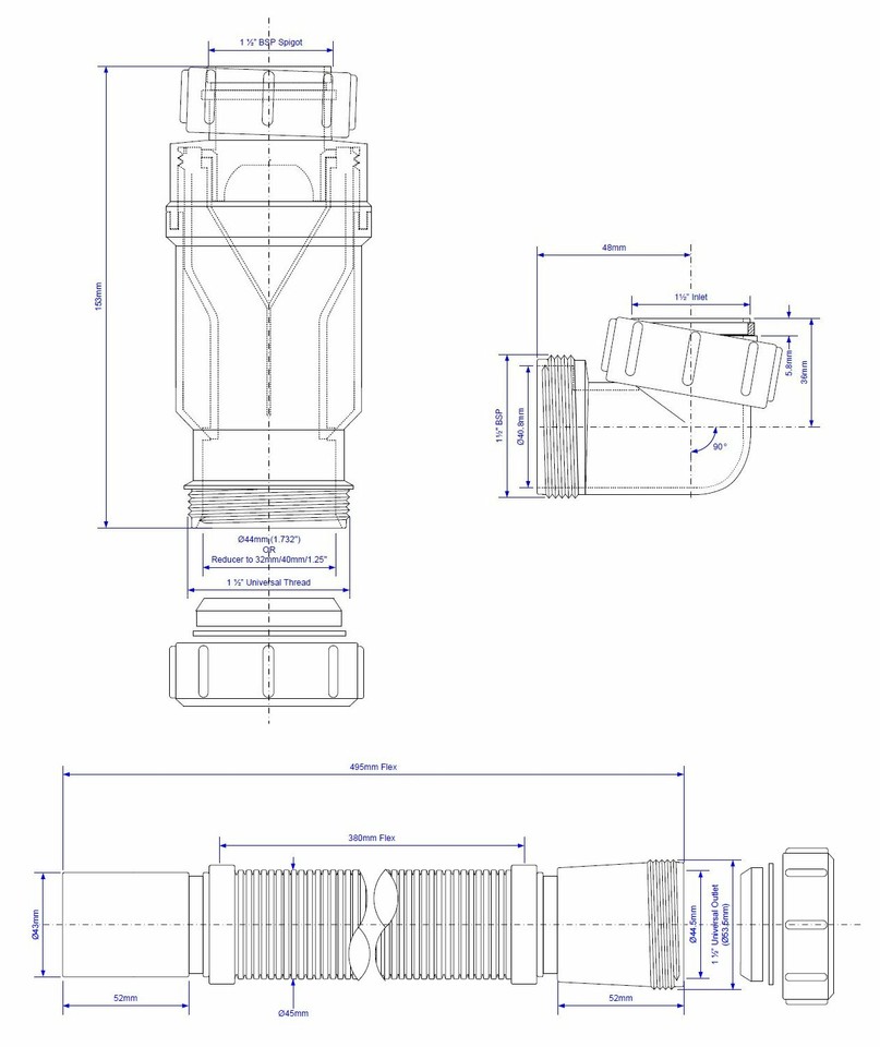 Freestanding Bath Waterless Waste Trap Kit with Flexible Waste Pipe 1.5 ...