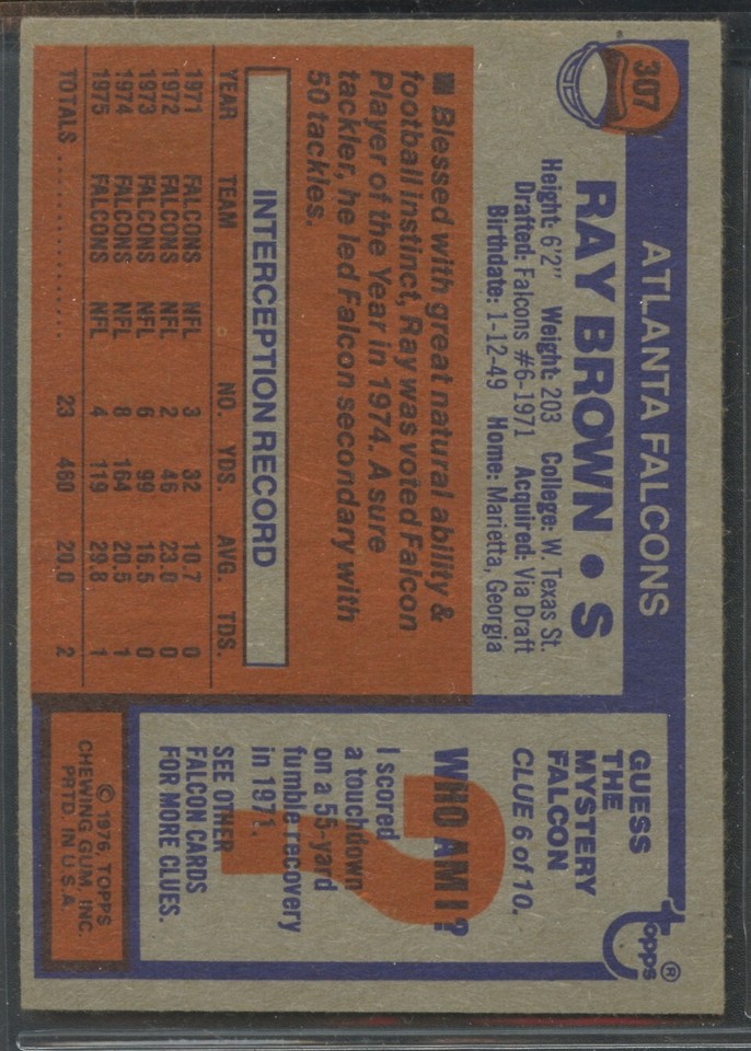 1976 Topps #307 Ray Brown Atlanta Falcons | eBay