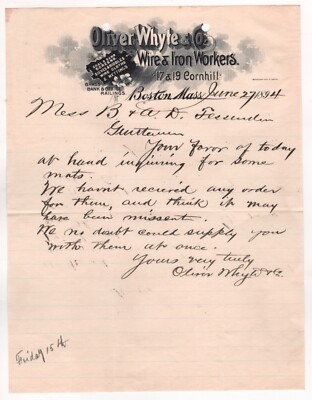 1894 ORNATE OLIVER WHYTE & CO LETTERHEAD WIRE IRON WORKS CORNHILL ST ...
