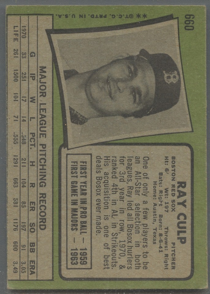 1971 Topps #660 Ray Culp Boston Red Sox | eBay