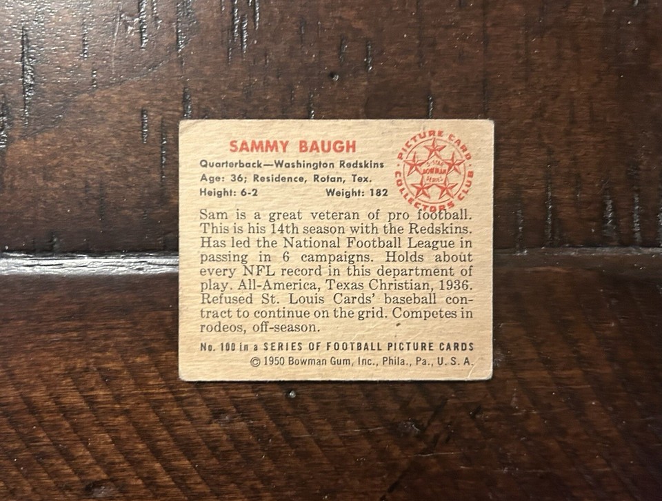 1950 Bowman #100 Sammy Baugh Washington Redskins Football Card VG HOF ...