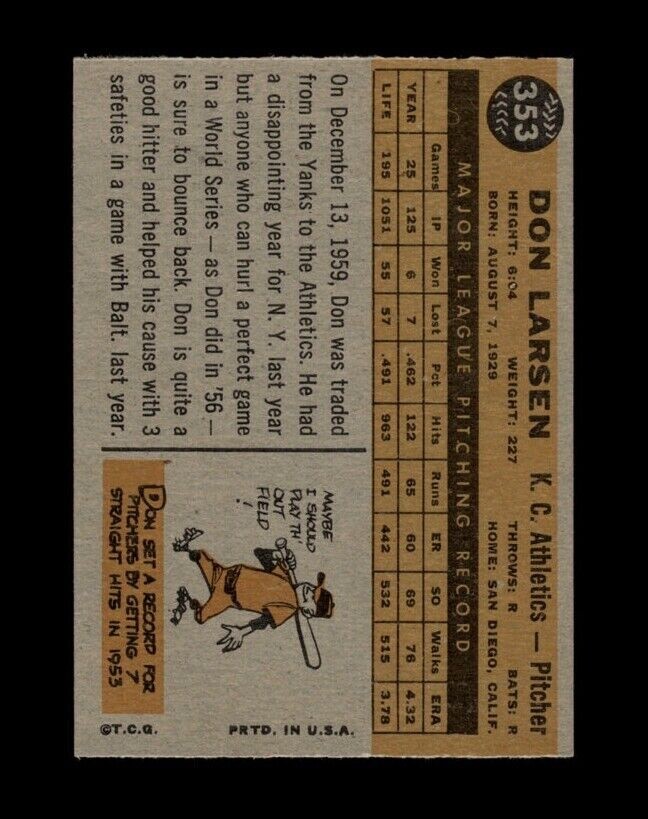Near-Mint +++ 1960 Don Larson Topps Baseball Card #353/Kansas City ...