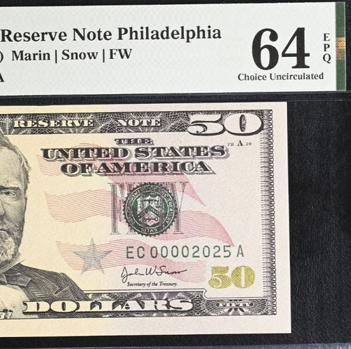 2004 $50 Federal Reserve Note PMG 64EPQ Birthday Low Serial 00002025 | eBay