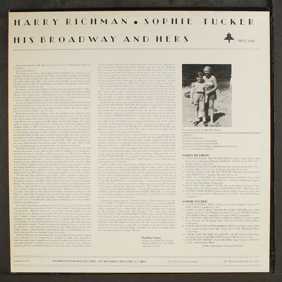 HARRY RICHMAN / SOPHIE TUCKER: his broadway & hers MONMOUTH EVERGREEN ...