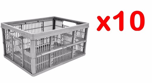10X Folding Crates Grey Plastic Storage Baskets Stackable Storage ...
