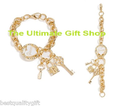 NEW-GOLD TONE GUESS CHAIN LINK w/ WHITE HEART,LOCK & KEY CRYSTAL CHARM ...