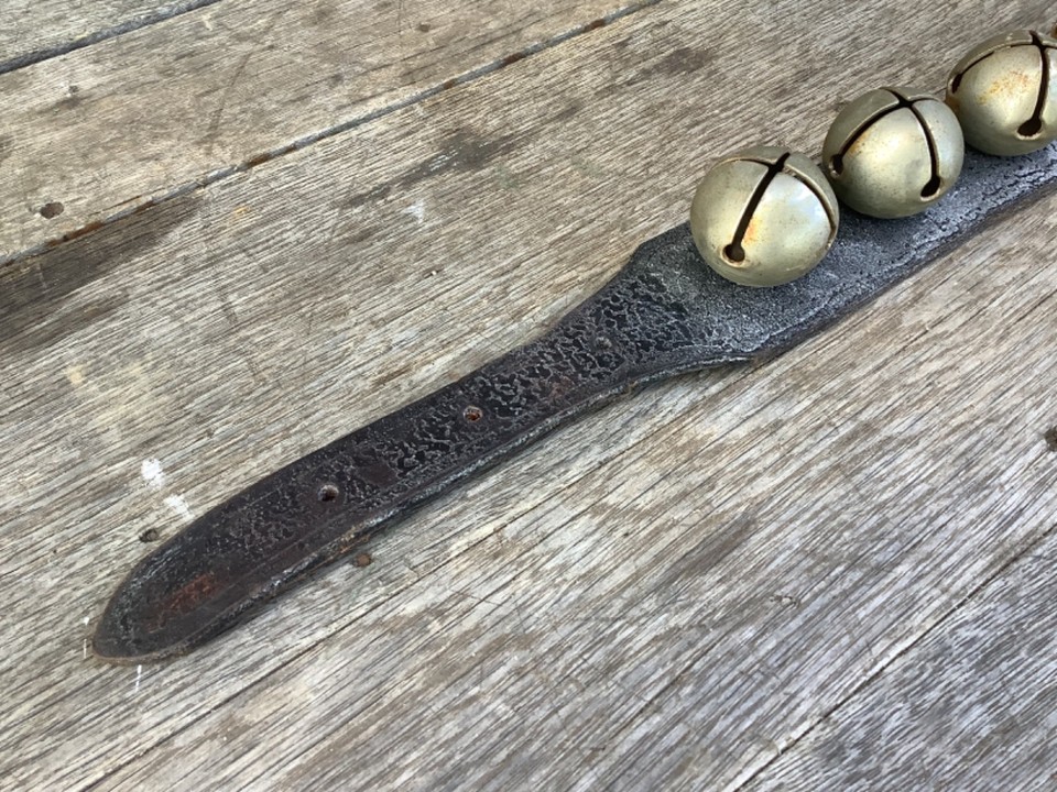 Antique Vintage String of 30 Brass Sleigh Bells on 72" Leather Strap w ...