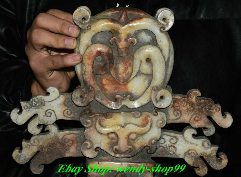 18" Old China Dynasty Natural Hetian Jade Dragon Phoenix Pixiu Beast ...