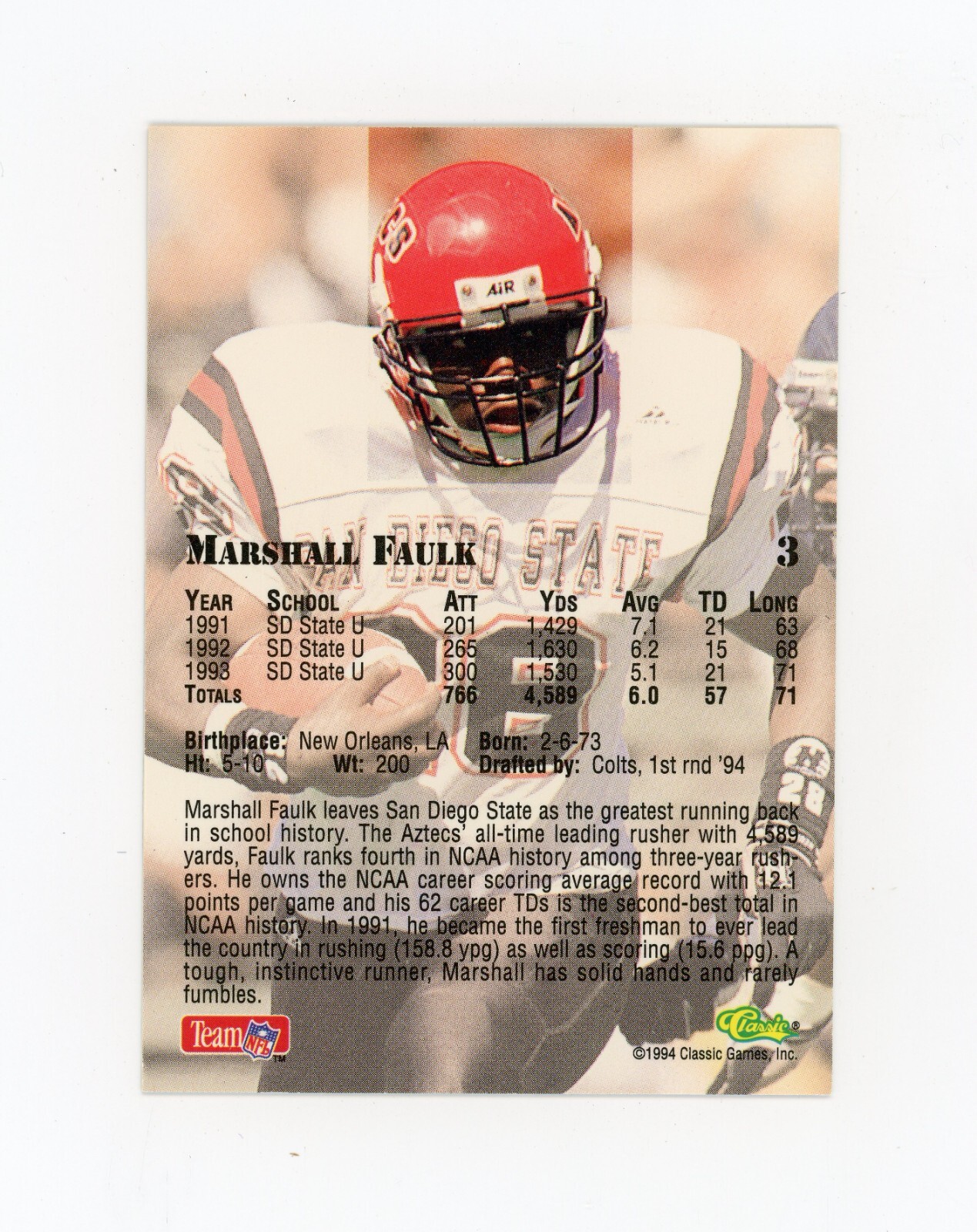 MARSHALL FAULK 1994 Classic Gold NFL Draft '94 Rc #3 Indianapolis Colts ...