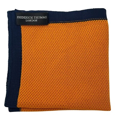 Frederick Thomas orange knitted pocket square with navy dark blue ...