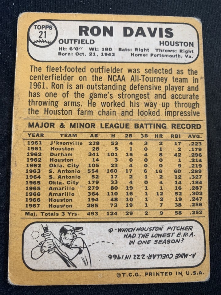 1968 Topps Baseball Card #21 Ron Davis Houston Astros VG Free Shipping ...