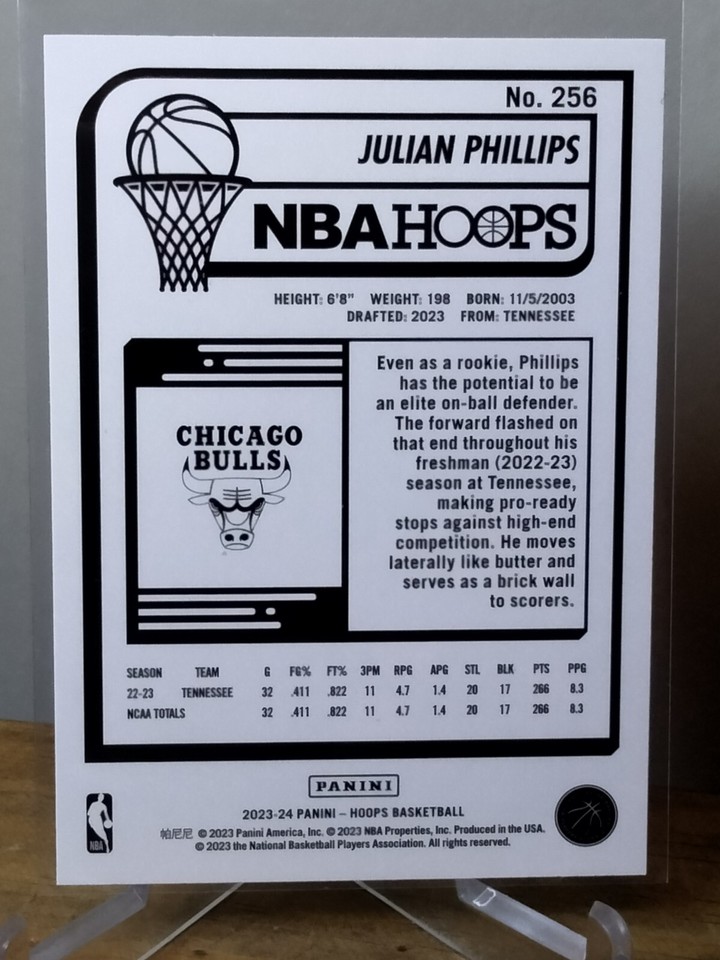 JULIAN PHILLIPS 2023-24 Panini NBA HOOPS BASE ROOKIE CARD #256 Chicago ...
