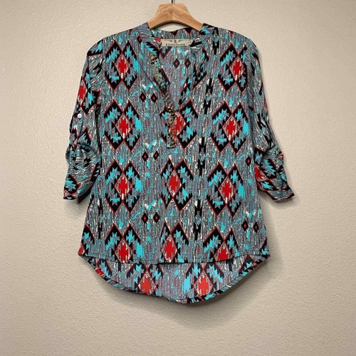 R Cinco Ranch S Blue Red Popover Blouse Aztec Southwestern Sequin 3/4 ...