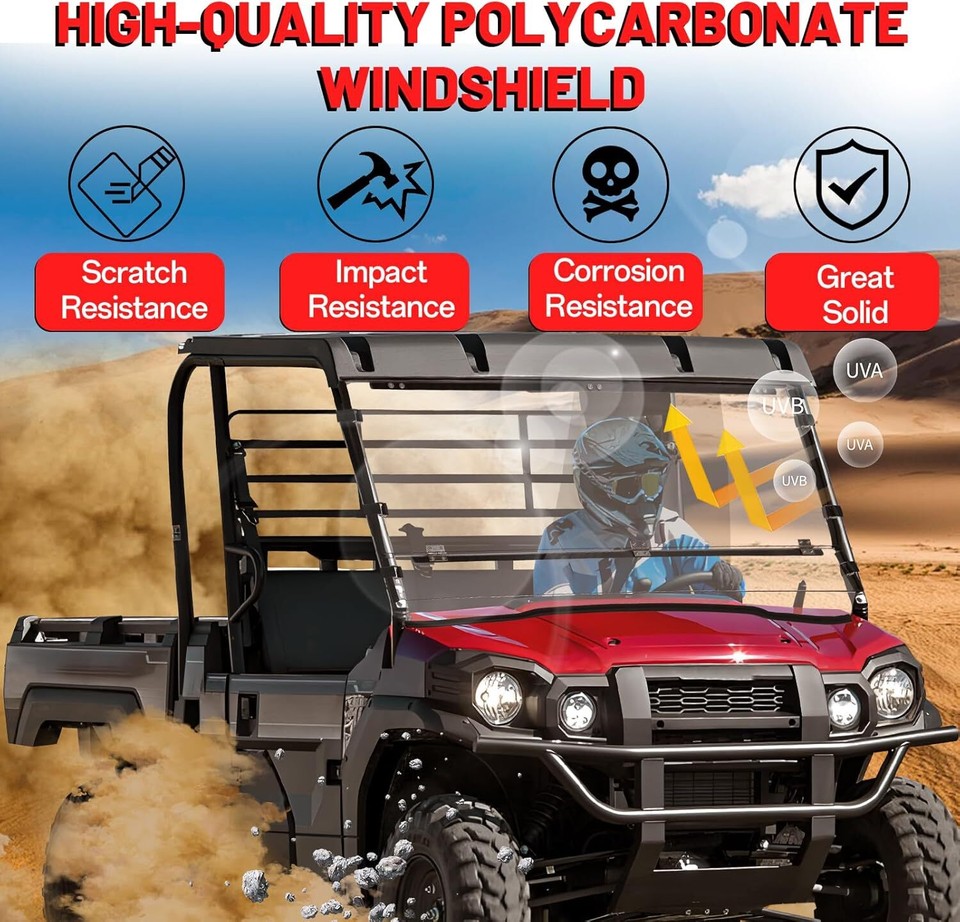 Flip Down Front Full Windshield For Kawasaki Mule Pro FXT / FX / DX ...