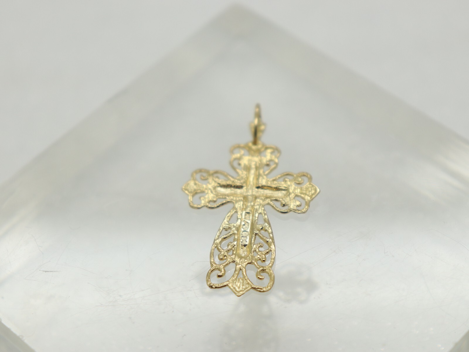 14K Yellow Gold THIN Cross Scroll Work Diamond CUT De… - Gem