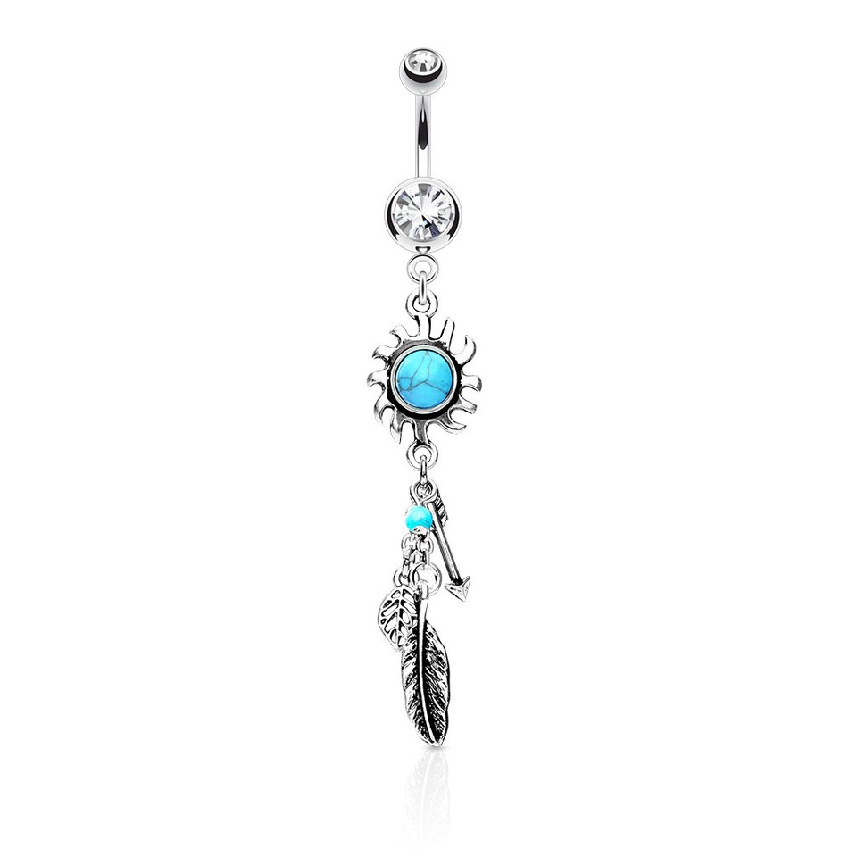 14 Gauge 3/8" Synthetic Turquoise Centered Tribal Sun Belly Button Ring ...