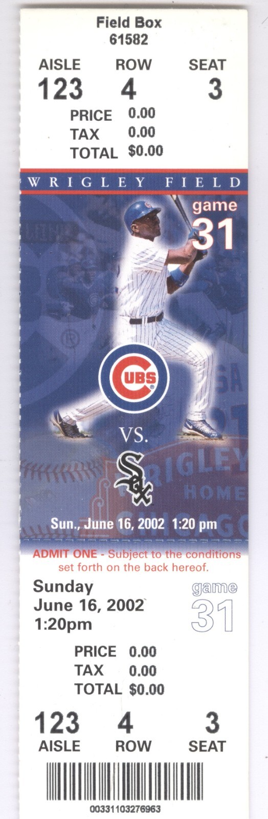 2002 Cubs vs White Sox Unused Ticket: Carlos Lee Grand Slam & 3-Run HR ...