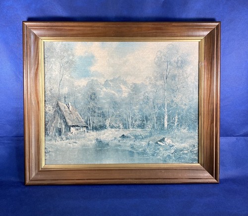 Vintage Lithograph Landscape Scene 20"x24" w Wooden Frame Old Barn in ...