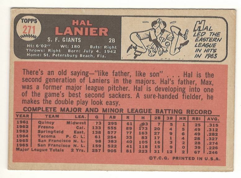 1966 TOPPS # 271 HAL LANIER SAN FRANCISCO GIANTS BASEBALL CARD - NO ...