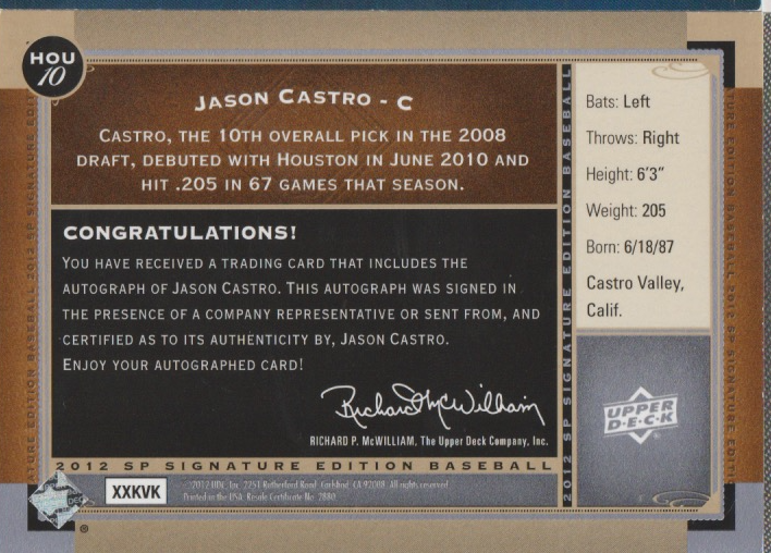 Jason Castro 2012 UD SP Signature Houston rookie RC autograph auto card ...