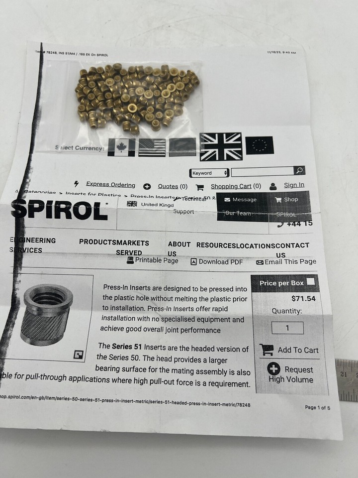 100 SPIROL 51/M4 Brass Inserts for Plastic Reinforcement M4 x.7 3D ...