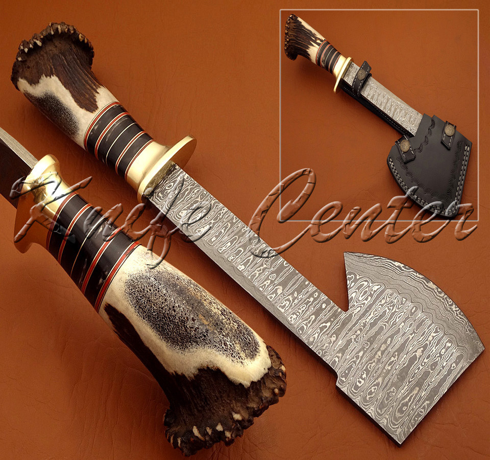BEAUTIFUL CUSTOM HAND MADE DAMASCUS HUNTING TOMAHAWK AXE KNIFE HANDLE ...