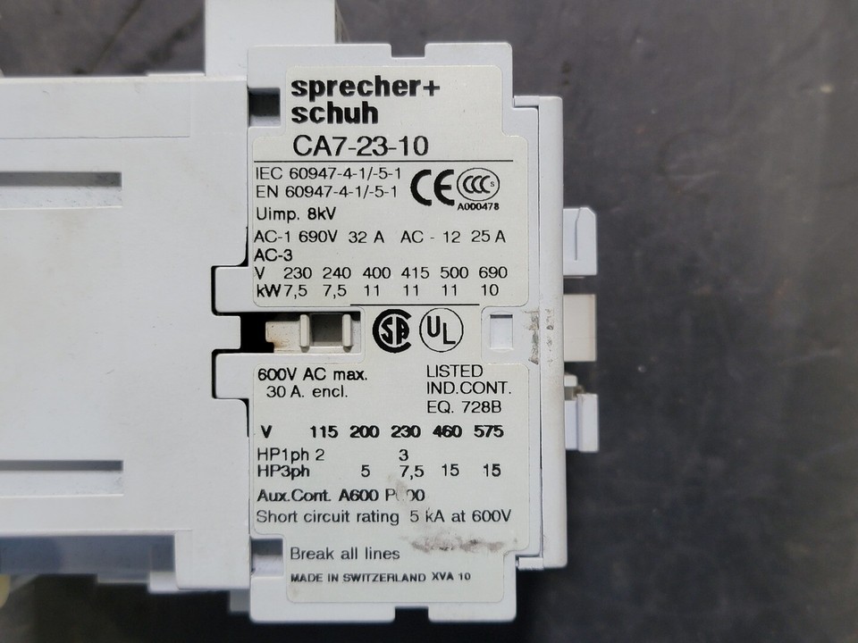 SPRECHER + SCHUH 23 Amp, 3 Pole, 1NO, 120 VAC Coil Contactor CA7-23-10 ...