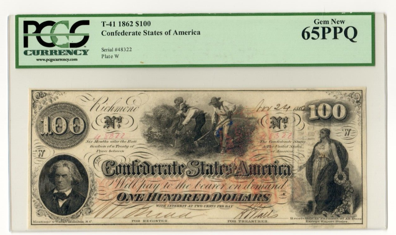 T-41 1862 $100 CONFEDERATE STATES CURRENCY CIVIL WAR BANKNOTE PCGS GEM ...