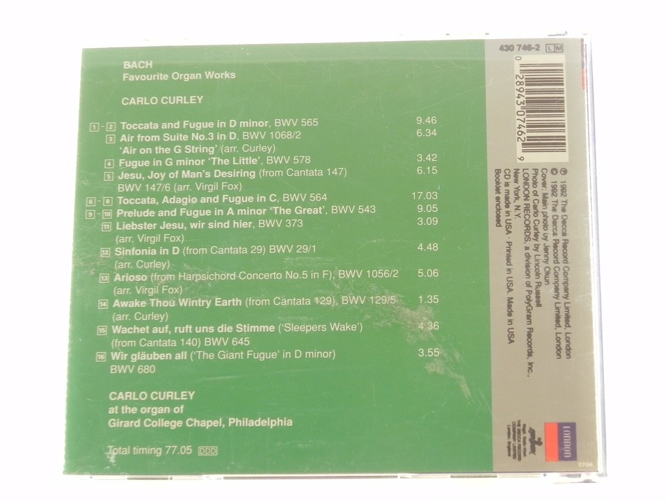 Carlo Curley- Bach Favorite Organ Works Organ CD case arm broken | eBay