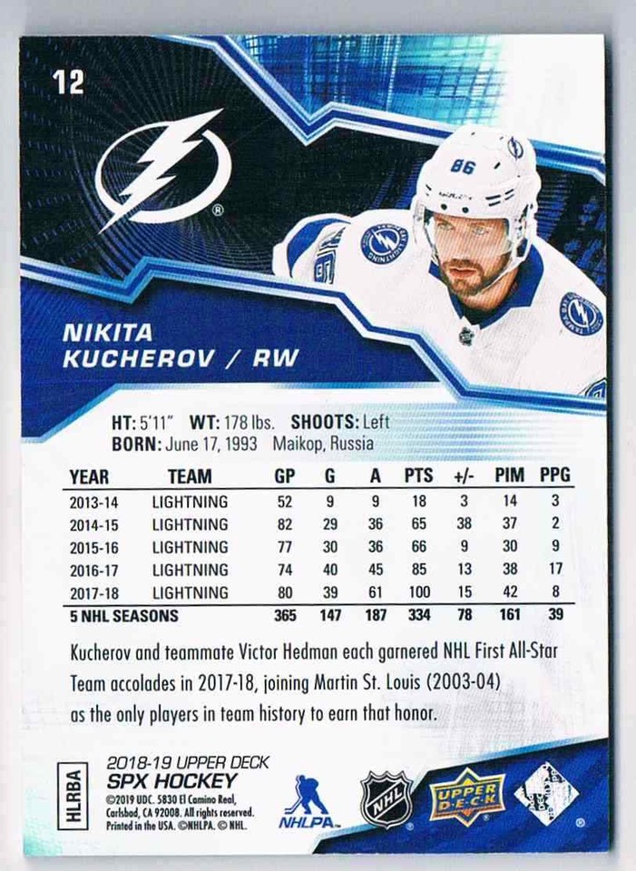 2018-19 SPX NIKITA KUCHEROV ROOKIE 217/299 TAMPA BAY LIGHTNING #12 | eBay