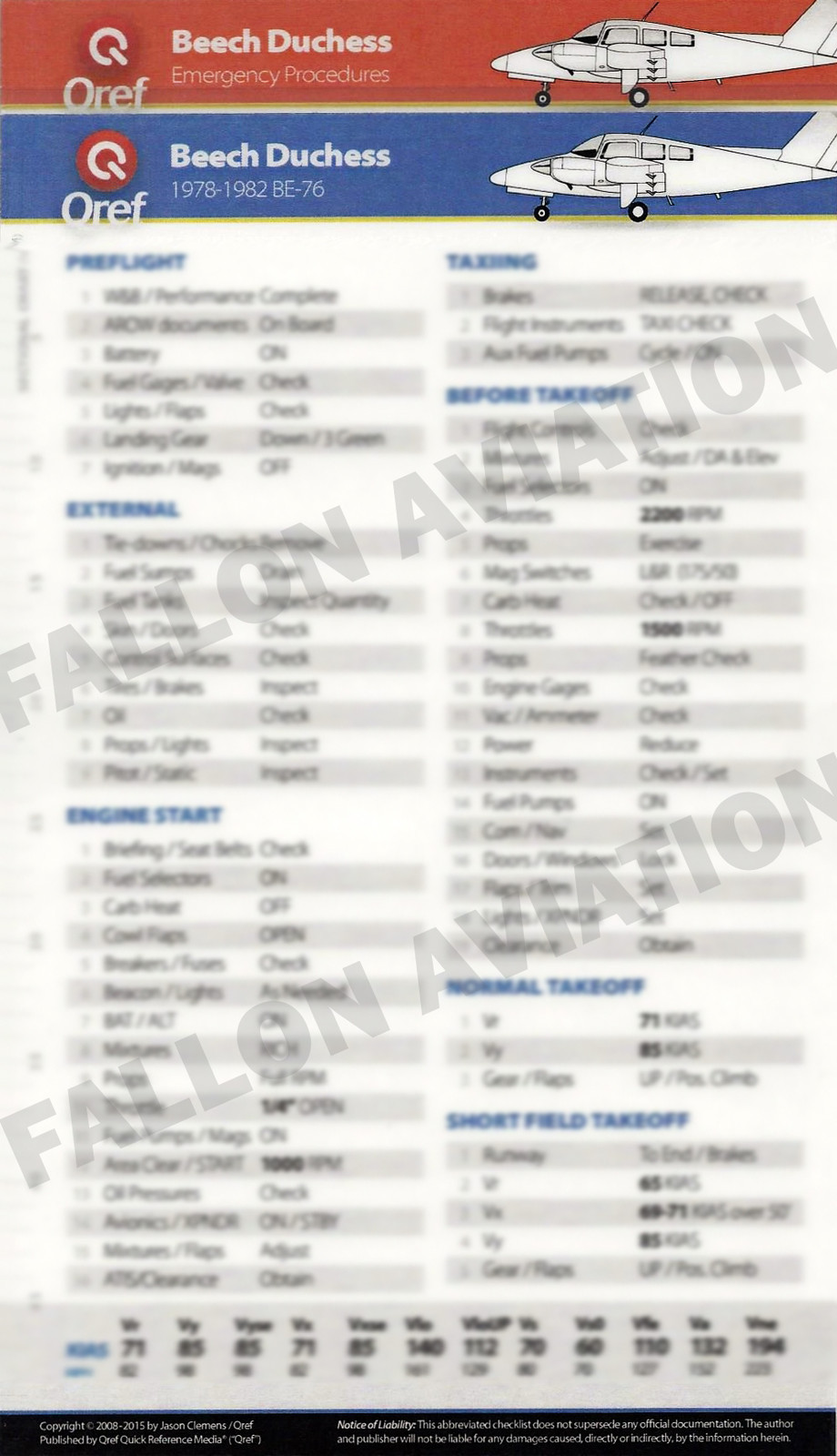 Beechcraft Duchess BE-76 Quick Reference Aircraft Checklist Card by ...