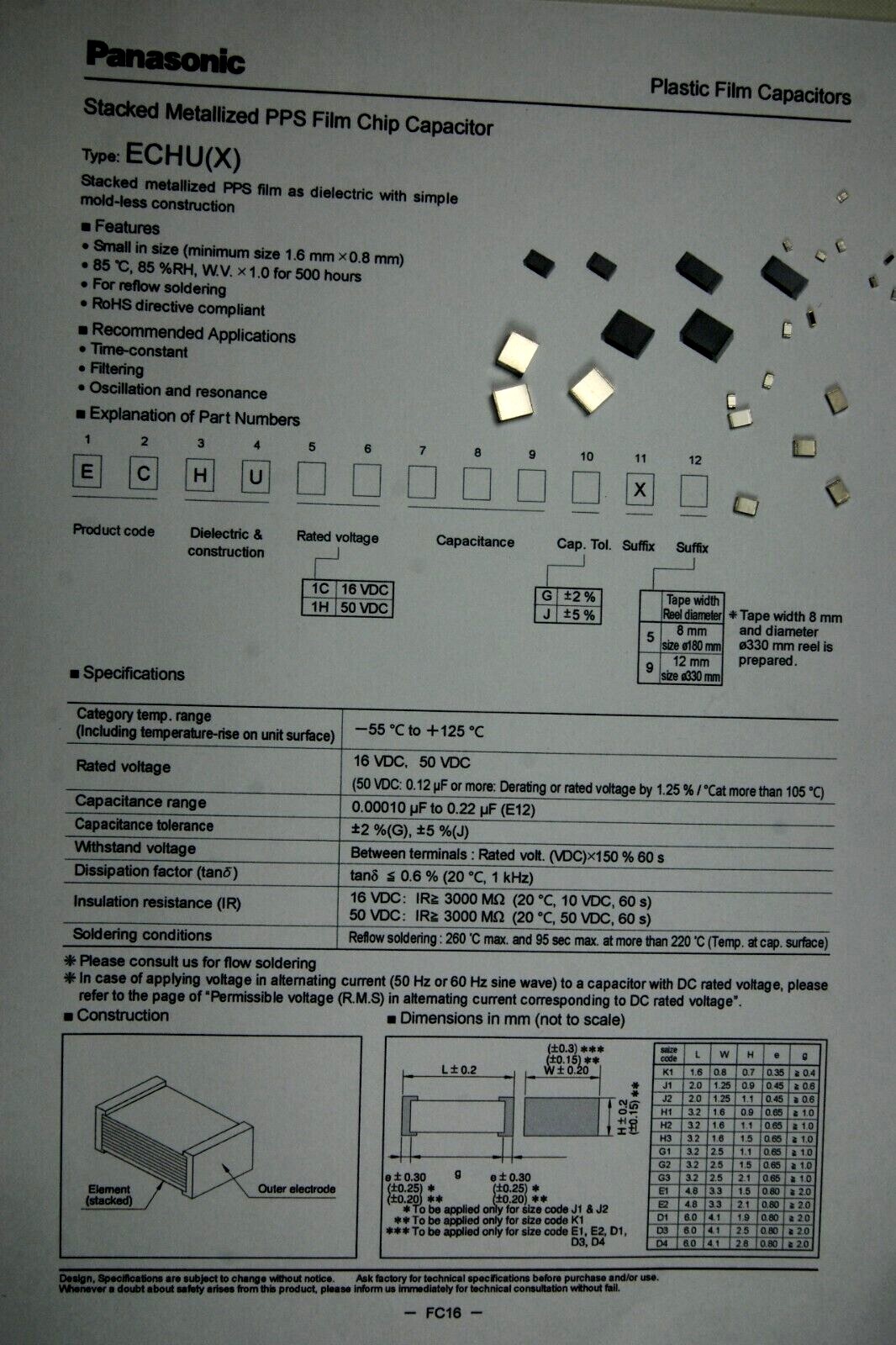 100pcs Capacitors 100nf 16V 1210 ECHU1C104JB5 stacked PPS low ESR Panasonic | eBay
