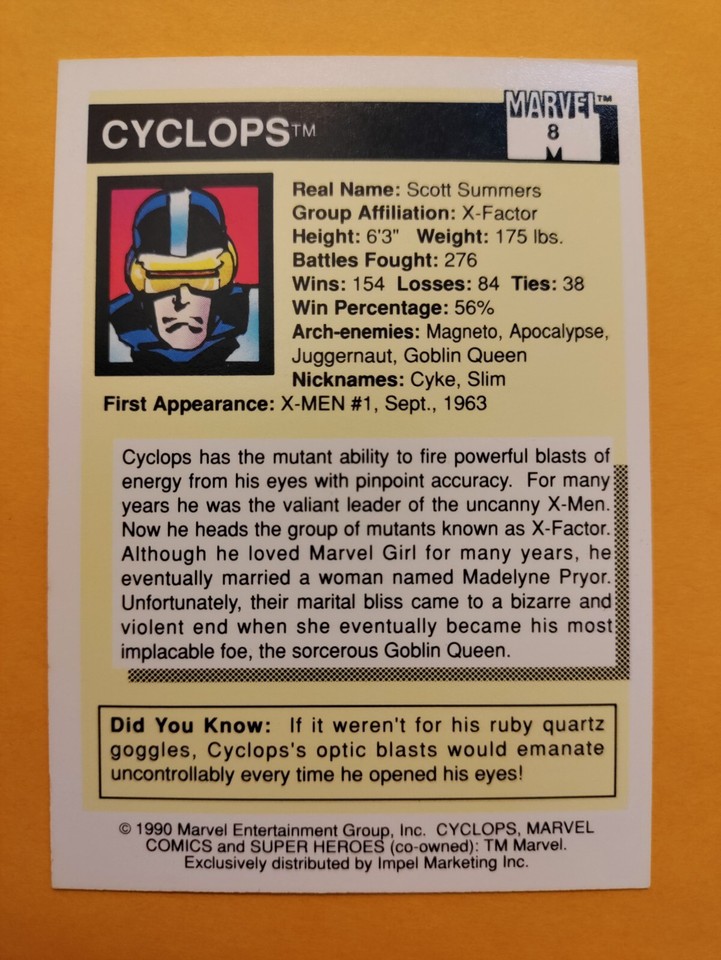 1990 Marvel Universe - Cyclops - Super Heroes - Series 1 Card # 8 NM-MT ...