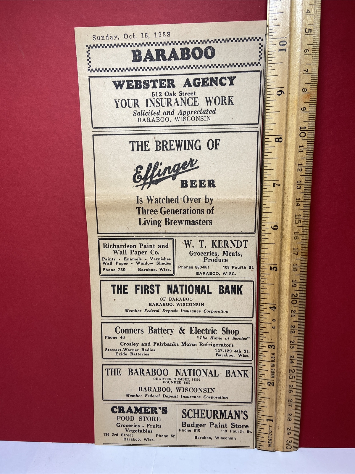 old 1938 advertising ad Effinger Beer Brewing Brewery Baraboo WI Wis ...