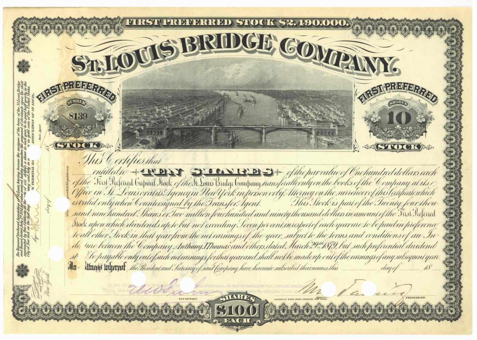 St. Louis Bridge Company. Stock Certificate. Signed by William Taussig ...
