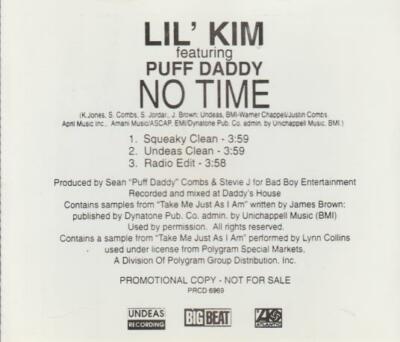 Lil' Kim: No Time PROMO MUSIC AUDIO CD Puff Daddy Squeaky Undeas Clean ...