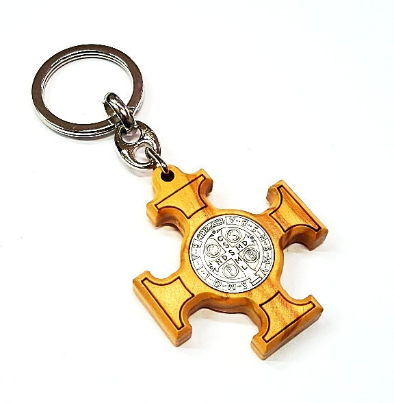 San Benito St Benedict Silver Tone Medal Olive Wood Cross Key Chain ...